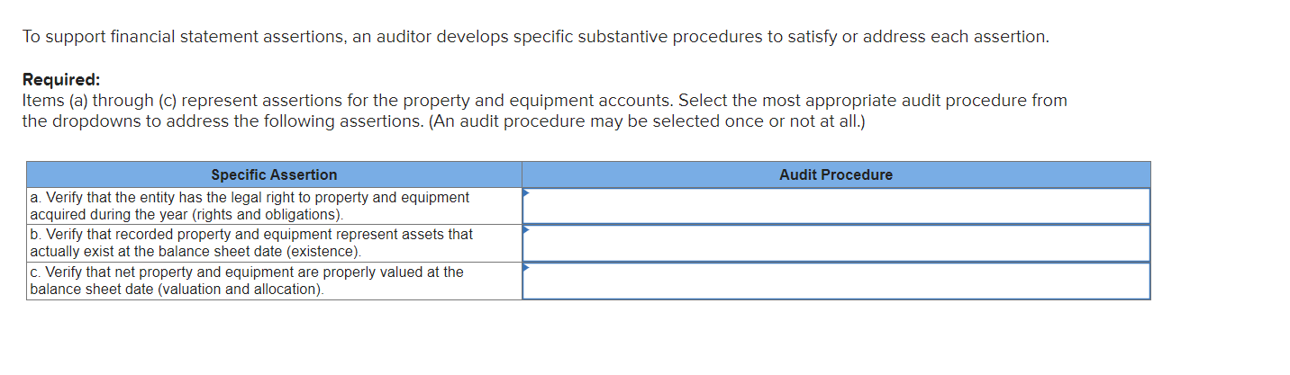 Solved To support financial statement assertions, an auditor | Chegg.com