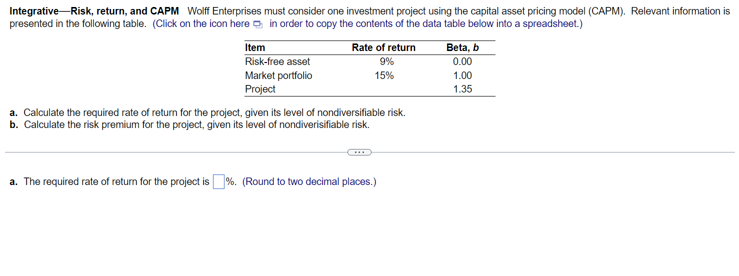 Solved Integrative-Risk, return, and CAPM Wolff Enterprises | Chegg.com