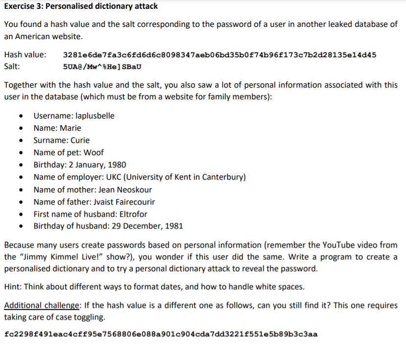 Solved Exercise 3: Personalised dictionary attack You found | Chegg.com