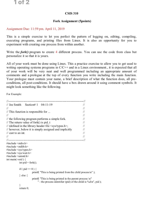 Solved of 2 l CSIS 310 Fork Assignment (5points) Assignment | Chegg.com