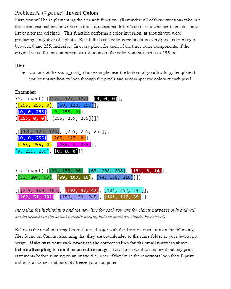 Solved Problem A. ( 7 points) Invert Colors First, you will | Chegg.com