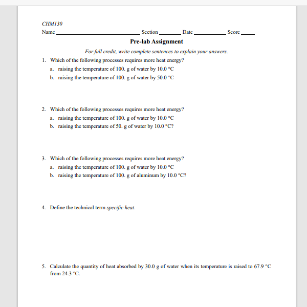 Solved: CHM/30 Name Section Date Score Pre-lab Assignment ... | Chegg.com