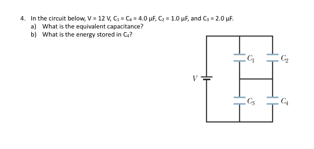 Solved In the circuit below, V-12 V, C1-C4-4.0 μF, C2 a) b) | Chegg.com