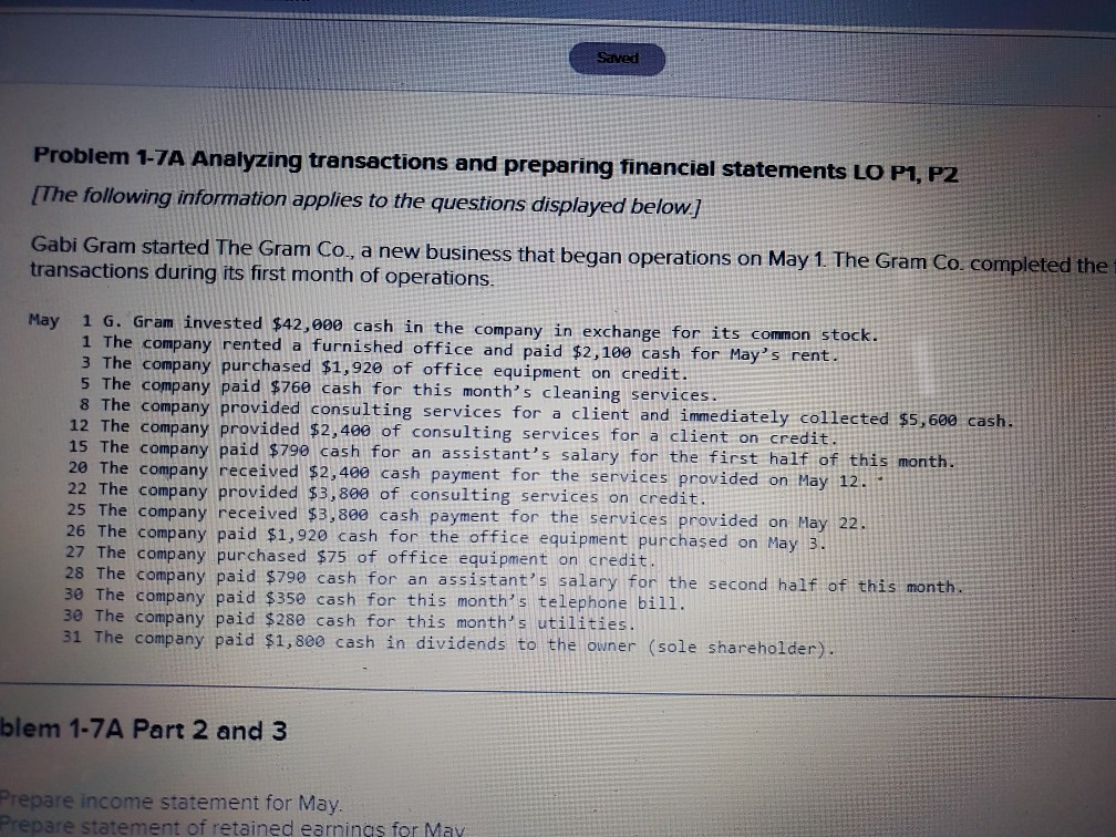 Solved Saved Problem 1-7A Analyzing transactions and | Chegg.com