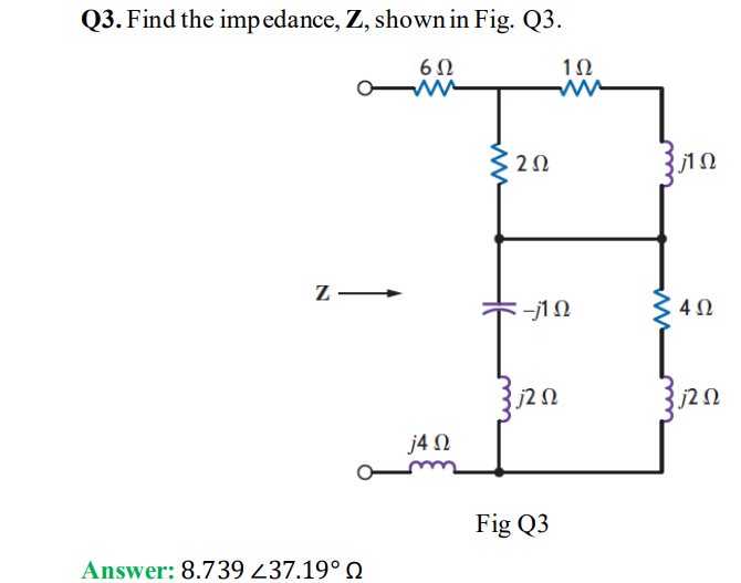 Solved Q3. Find the impedance, Z, shown in Fig. Q3. Answer: | Chegg.com