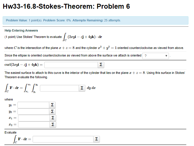 Solved Hw33-16.8-Stokes-Theorem: Problem 6 Problem Value: 1 | Chegg.com
