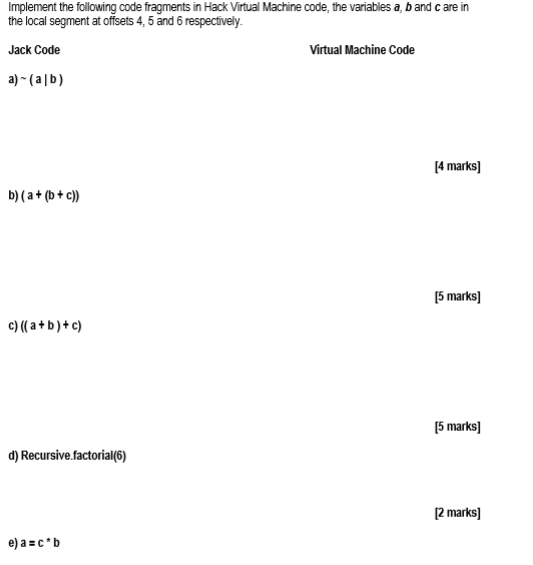 Implement the following code fragments in Hack | Chegg.com