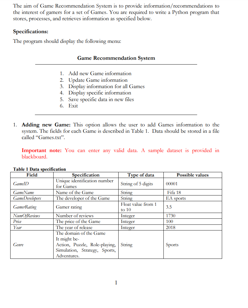 Solved The aim of Game Recommendation System is to provide | Chegg.com