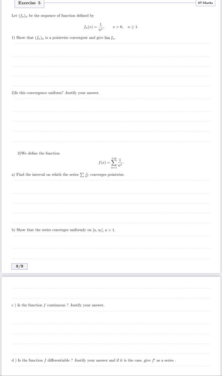 Solved Exercise 5 Let (fn)n be the sequence of function | Chegg.com