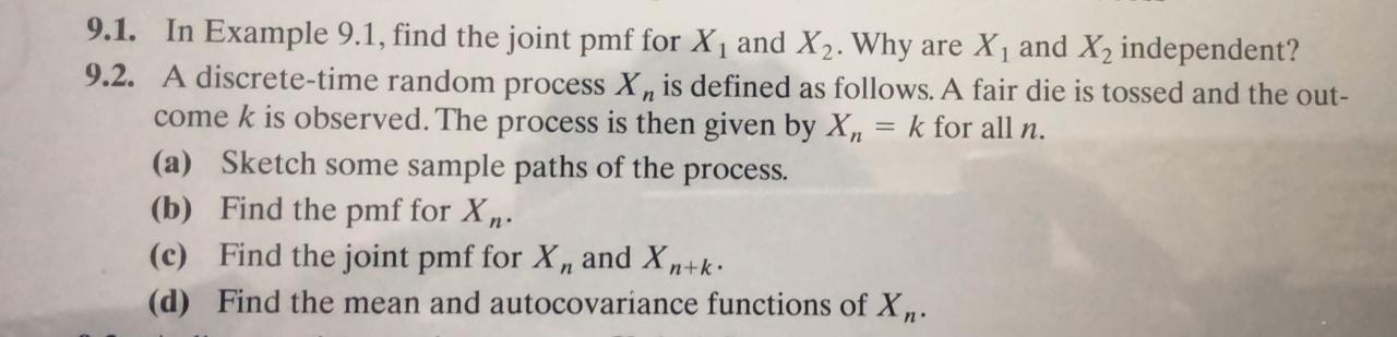 Solved 9.1. In Example 9.1, find the joint pmf for X and X2. | Chegg.com