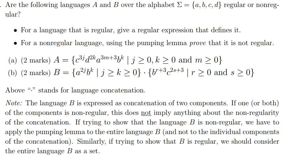 Solved . Are the following languages A and B over the | Chegg.com