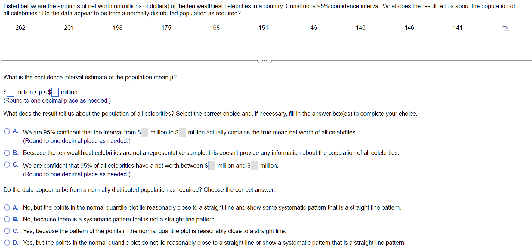 Solved Listed below are the amounts of net worth (in | Chegg.com