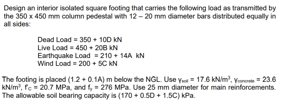 Solved Design an interior isolated square footing that | Chegg.com
