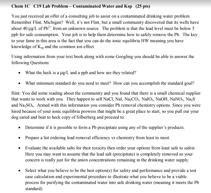 Solved Chem 1C C19 Lab Problem - Contaminated Water and Ksp | Chegg.com