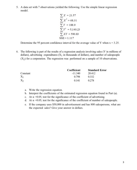 Solved 5. A data set with 7 observations yielded the | Chegg.com