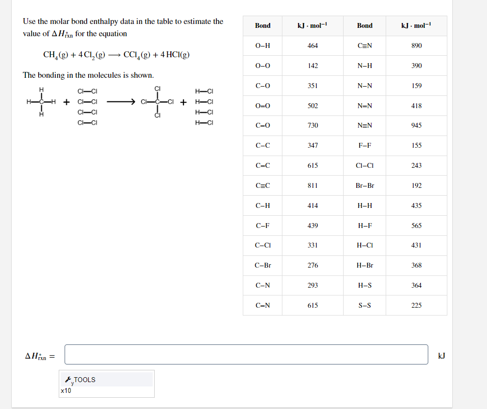 Solved Use the molar bond enthalpy data in the table to | Chegg.com