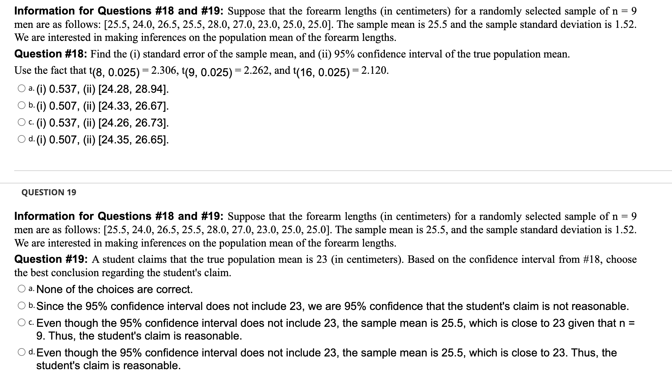 Solved Information for Questions \#18 and \#19: Suppose that | Chegg.com