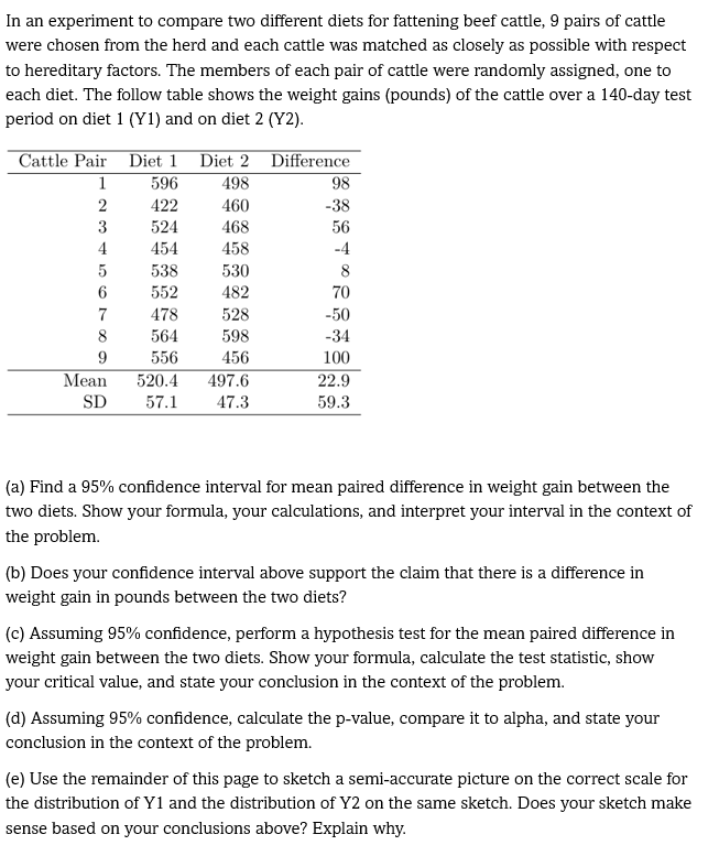 Solved In an experiment to compare two different diets for | Chegg.com