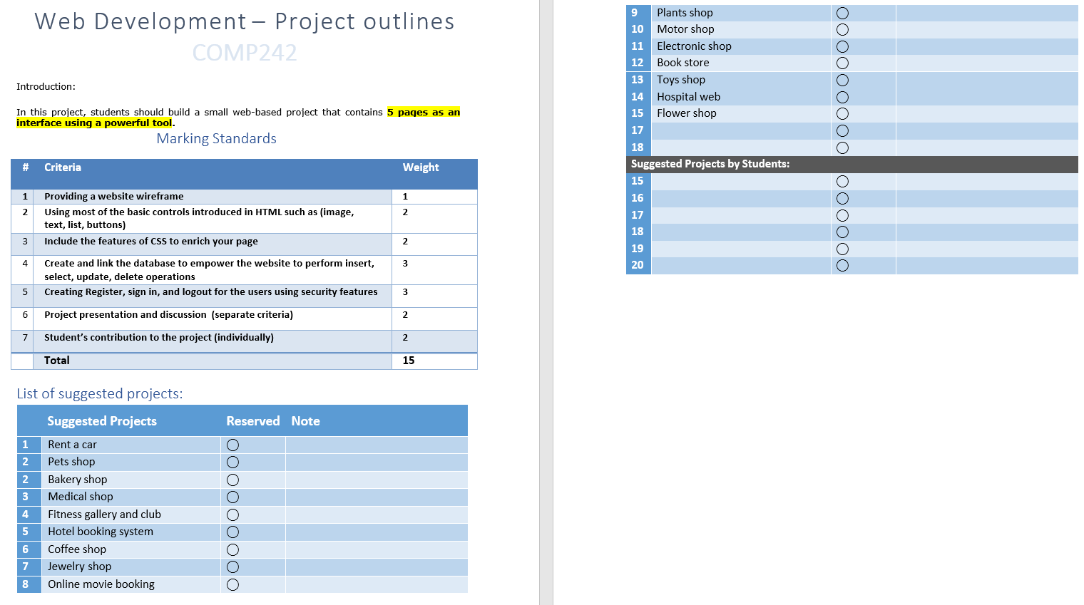 Web Development – Project outlines COMP242 | Chegg.com