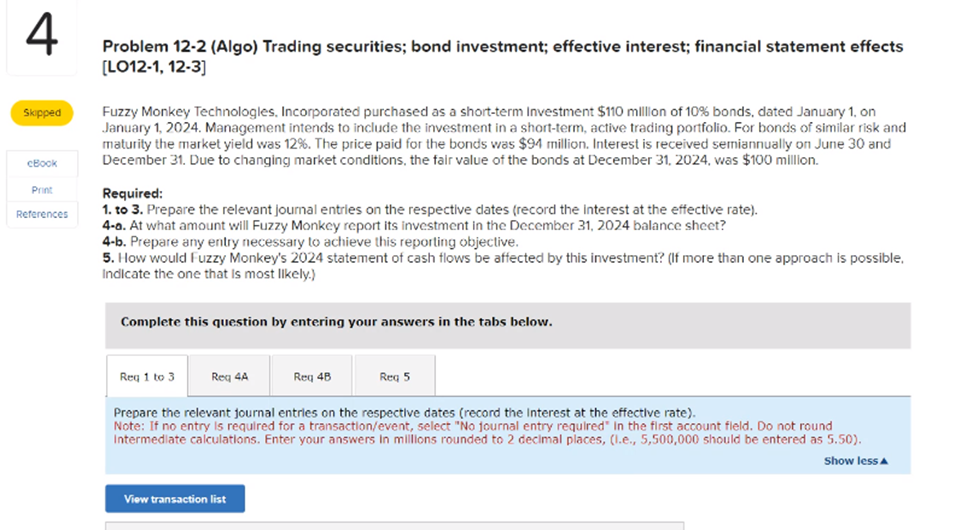 Solved Problem 12-2 (Algo) Trading securities; bond | Chegg.com