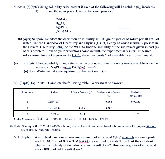 Solved V.22pts. (a)(8pts) Using solubility rules predict if | Chegg.com