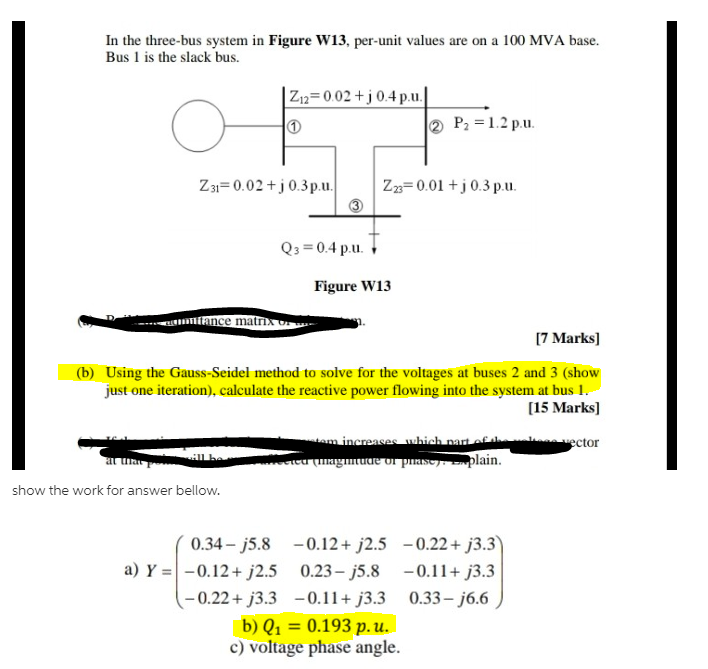Solved In the three-bus system in Figure W13, per-unit | Chegg.com