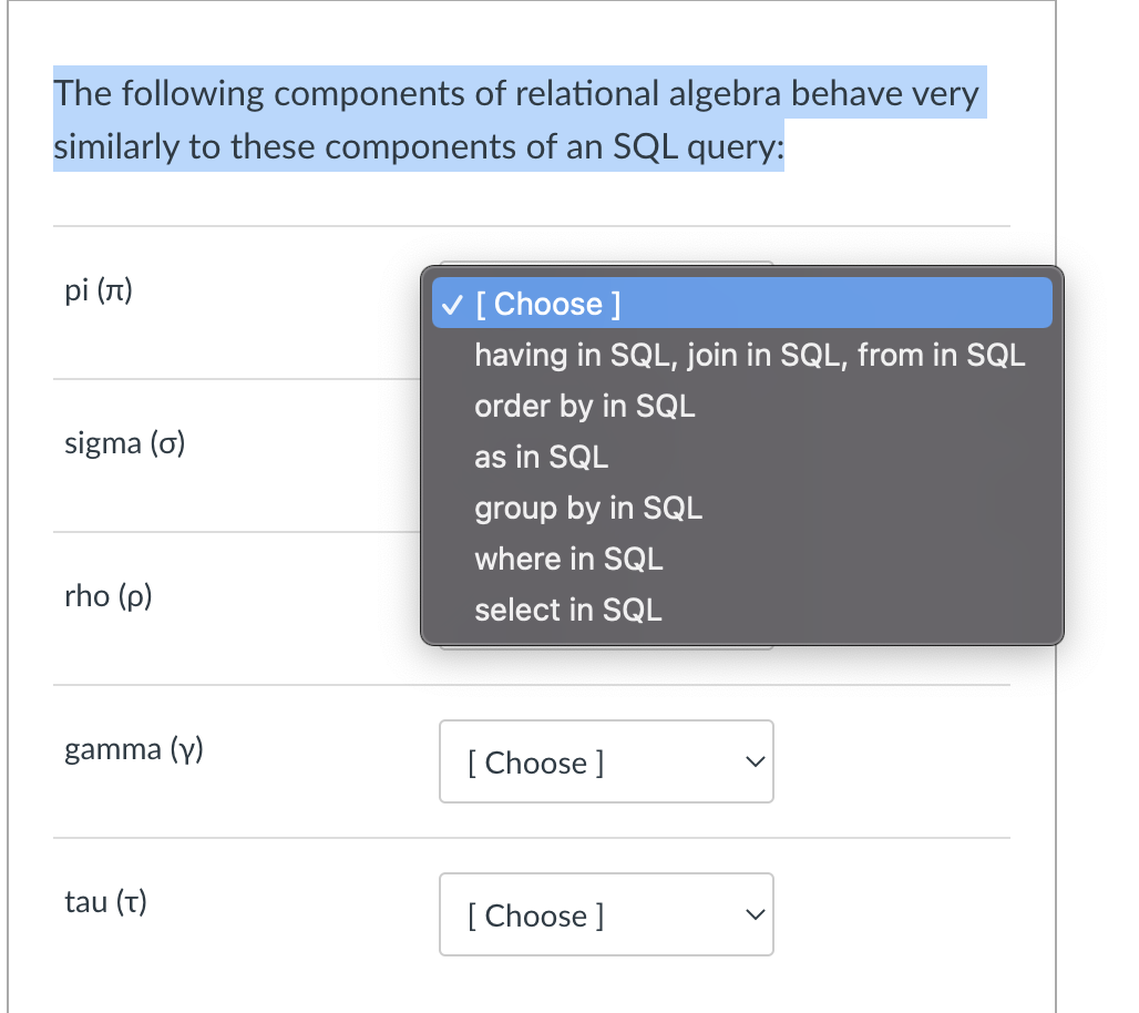 Solved The following components of relational algebra behave | Chegg.com