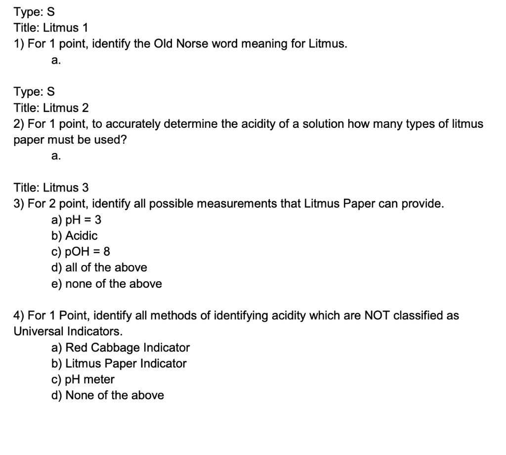 Solved Type: S Title: Litmus 1 1) For 1 point, identify the | Chegg.com
