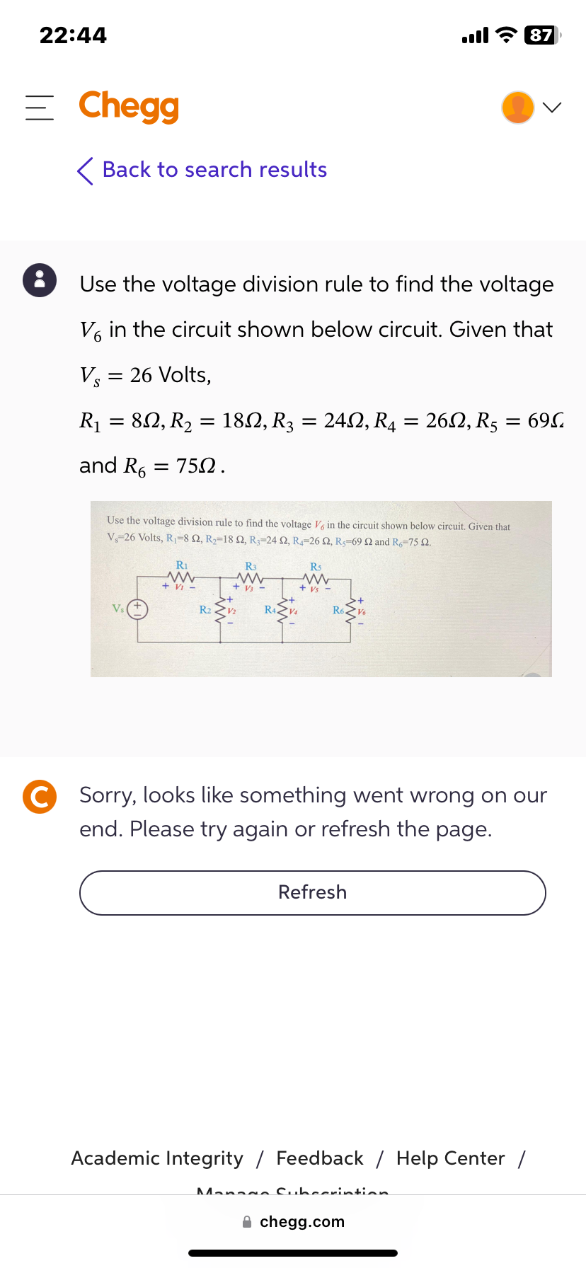 Solved and R_(6)=75\\\\Omega .\\nUse the voltage division | Chegg.com