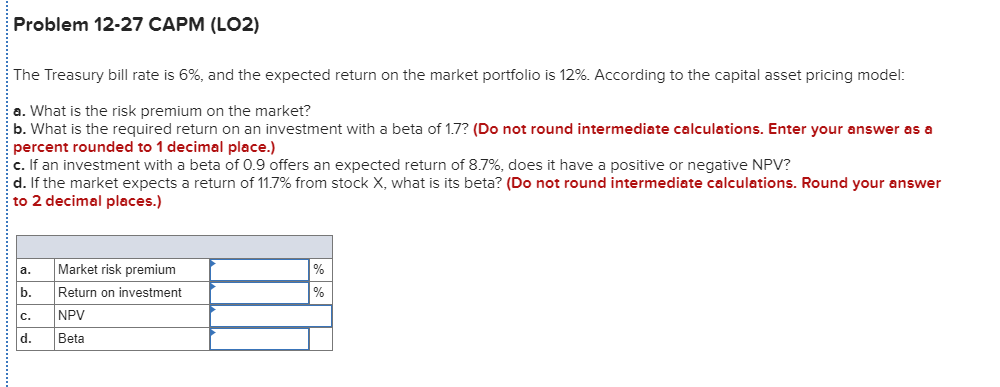 Solved Problem 12-27 CAPM (LO2) The Treasury bill rate is | Chegg.com