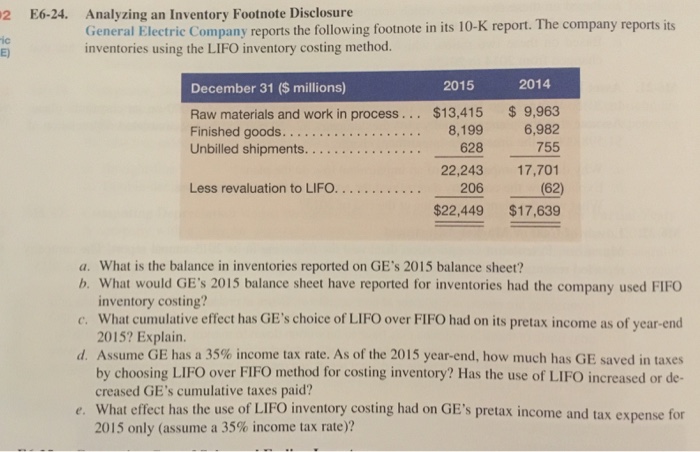 Solved 2 E6-24. Analyzing an Inventory Footnote Disclosure | Chegg.com
