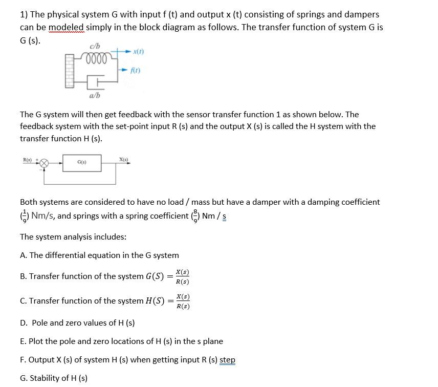 Solved 1) The physical system G with input f (t) and output | Chegg.com