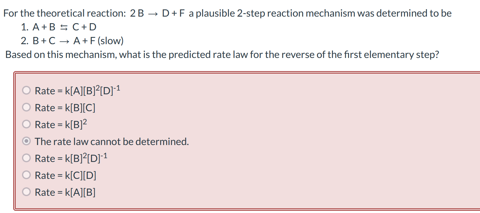 Solved For the theoretical reaction: 2 B→D+F a plausible | Chegg.com