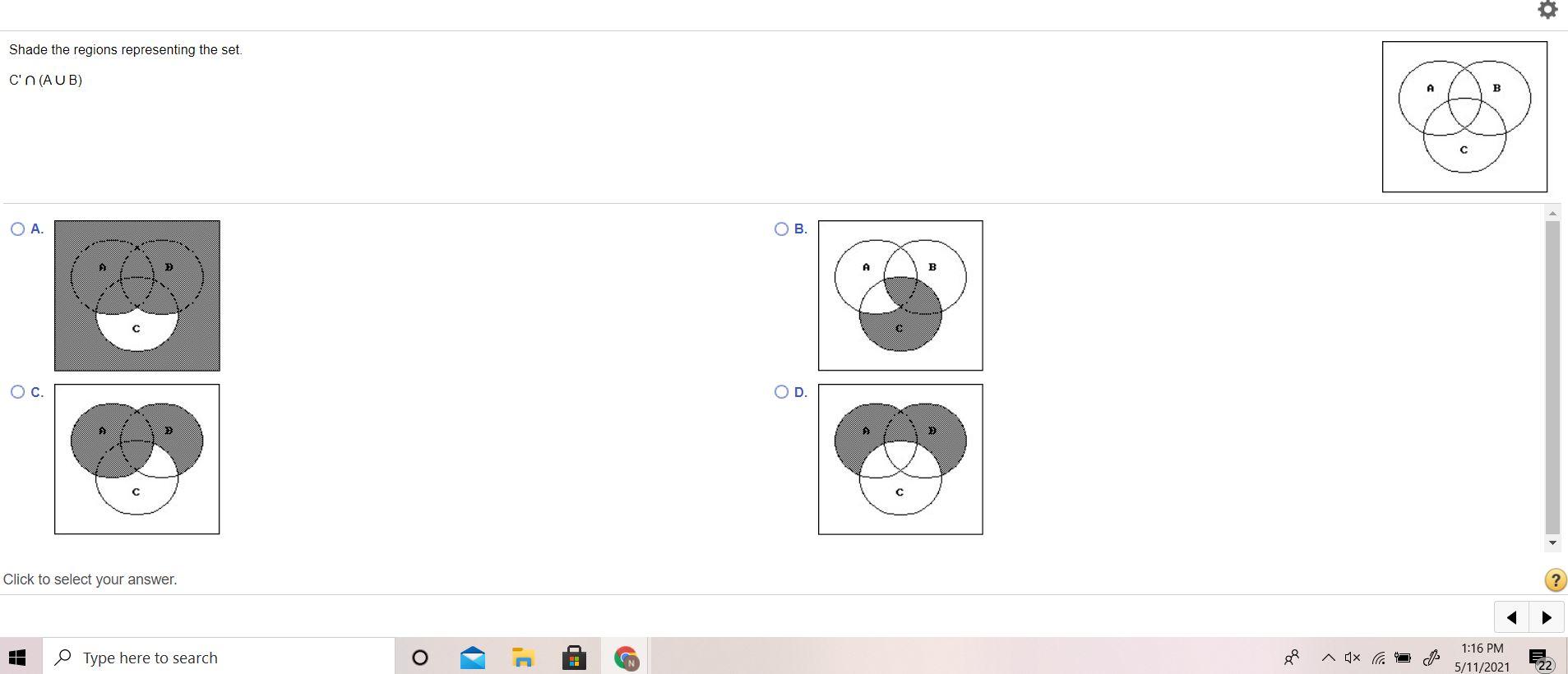 Solved Shade the regions representing the set. C' n(AUB) A B | Chegg.com