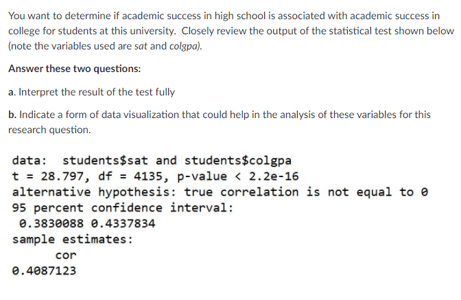 Solved You want to determine if academic success in high | Chegg.com