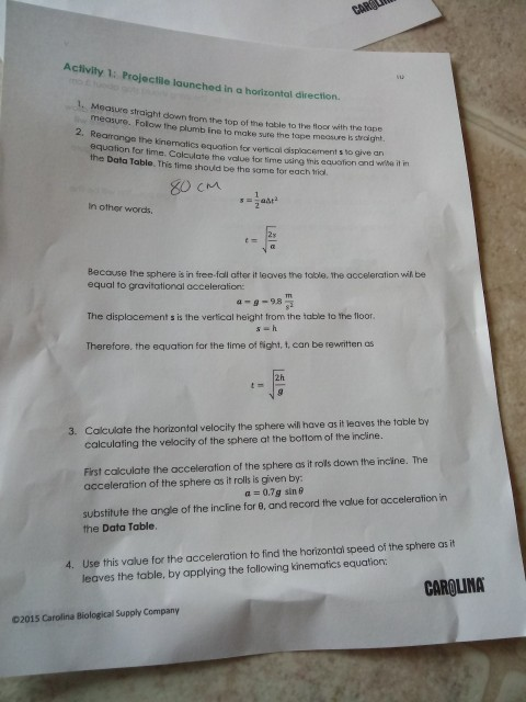 Aclivity 1: Projeclile launched in a horcontal | Chegg.com