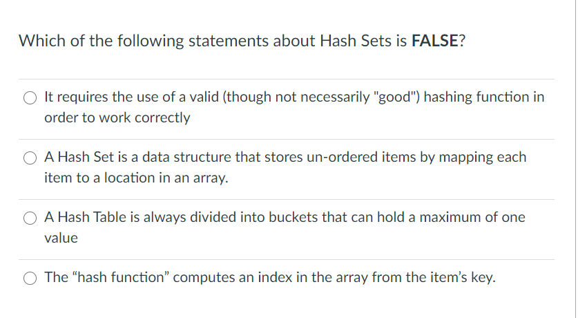 Solved Which of the following statements about Hash Sets is | Chegg.com