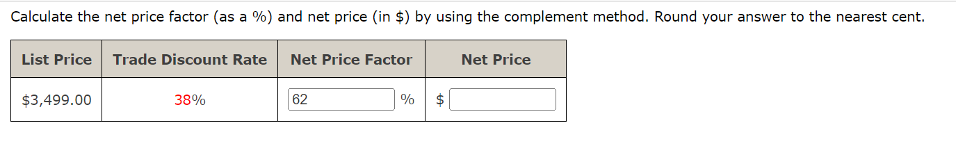 Solved Calculate the net price factor (as a \%) and net | Chegg.com