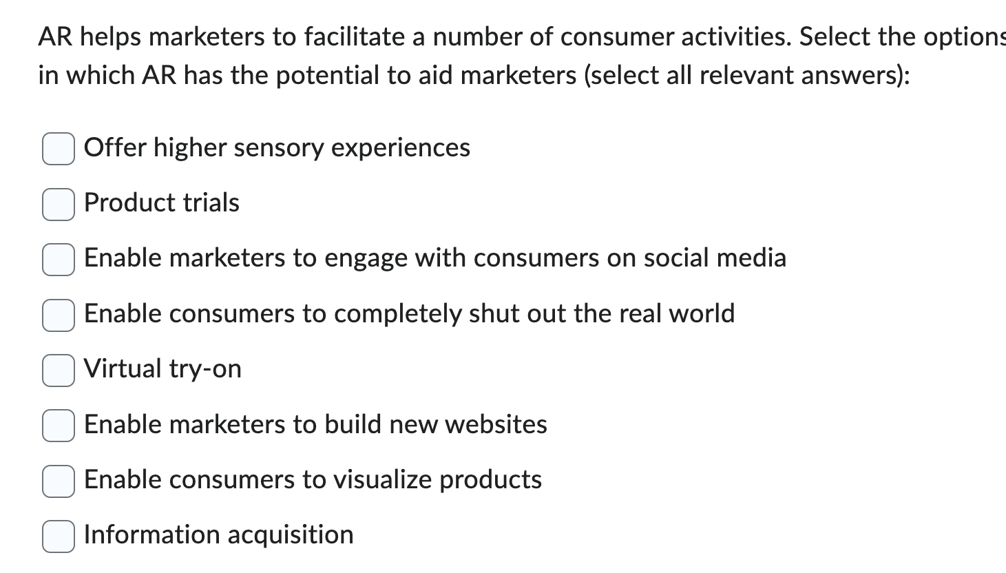 Solved AR helps marketers to facilitate a number of consumer | Chegg.com