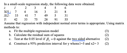 Solved In a small-scale regression study, the following data | Chegg.com
