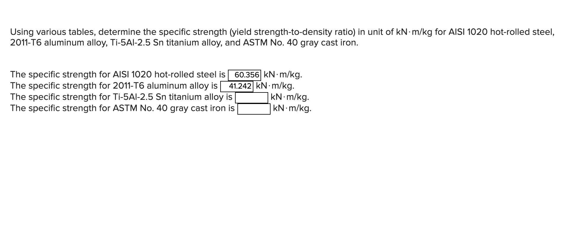 Solved Using various tables, determine the specific strength | Chegg.com