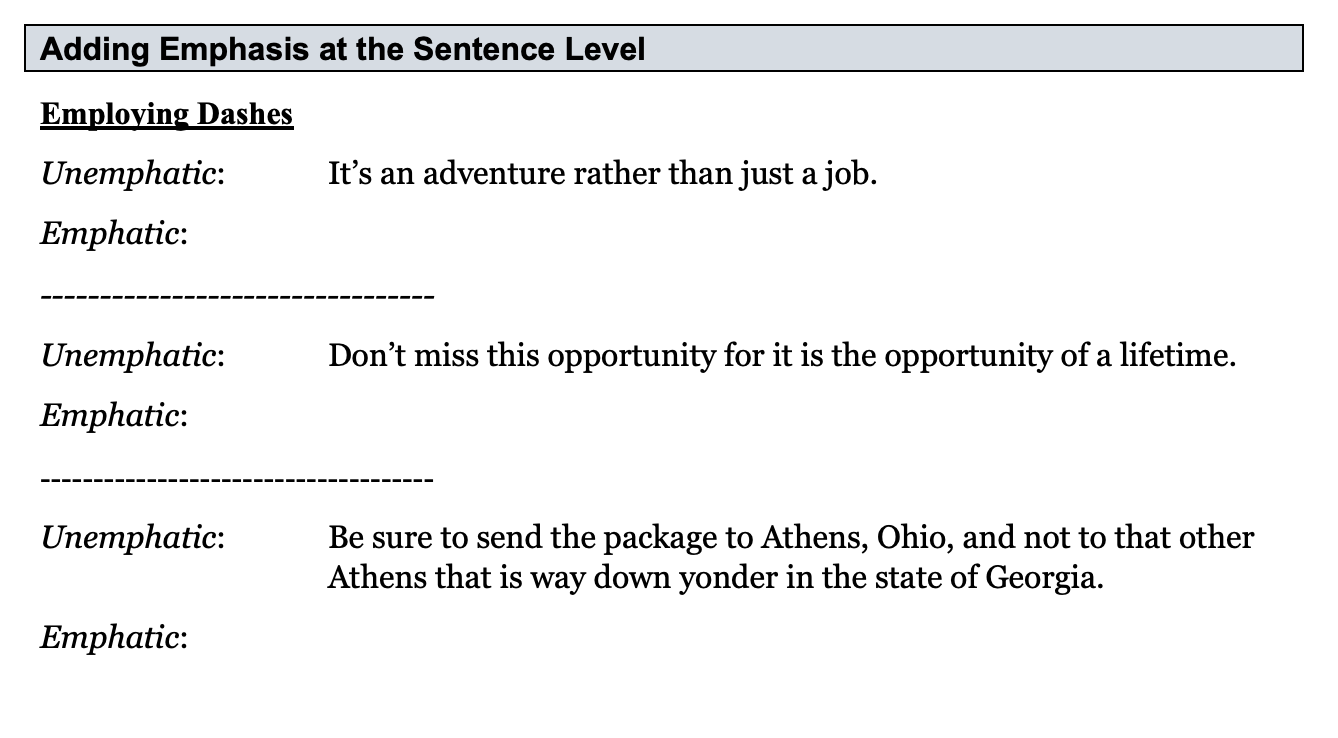 Solved Adding Emphasis at the Sentence Level Emploving | Chegg.com