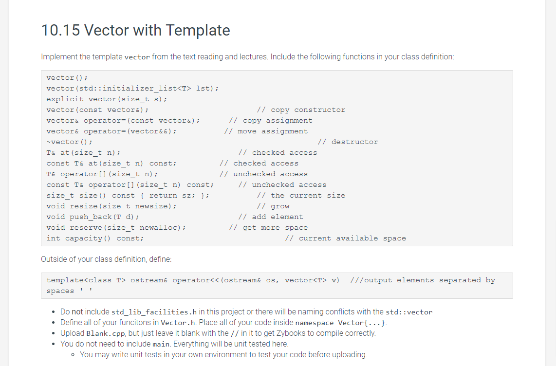 Solved 10.15 Vector with Template Implement the template | Chegg.com