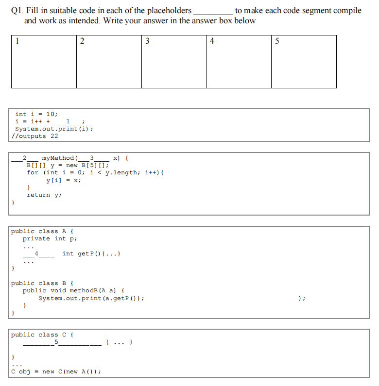 Solved Q1. Fill in suitable code in each of the placeholders | Chegg.com