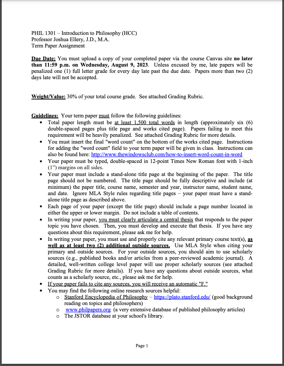 PHIL 1301 - Introduction to Philosophy (HCC) | Chegg.com