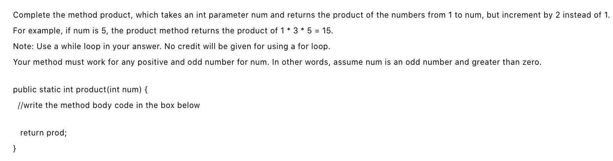 Solved complete the method product which takes an int | Chegg.com