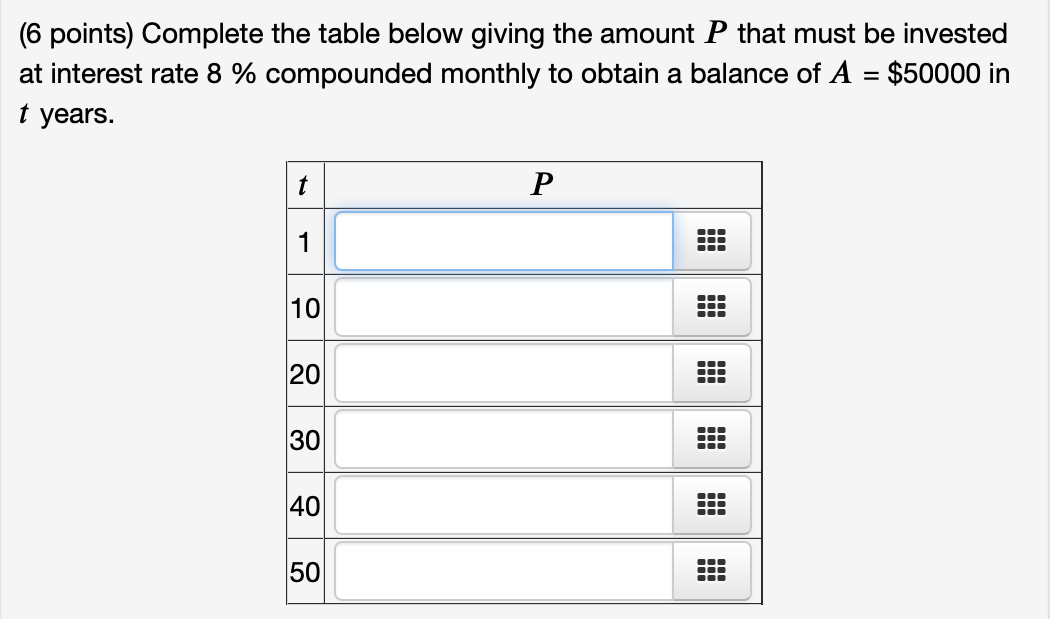 Solved (6 points) Complete the table below giving the amount | Chegg.com