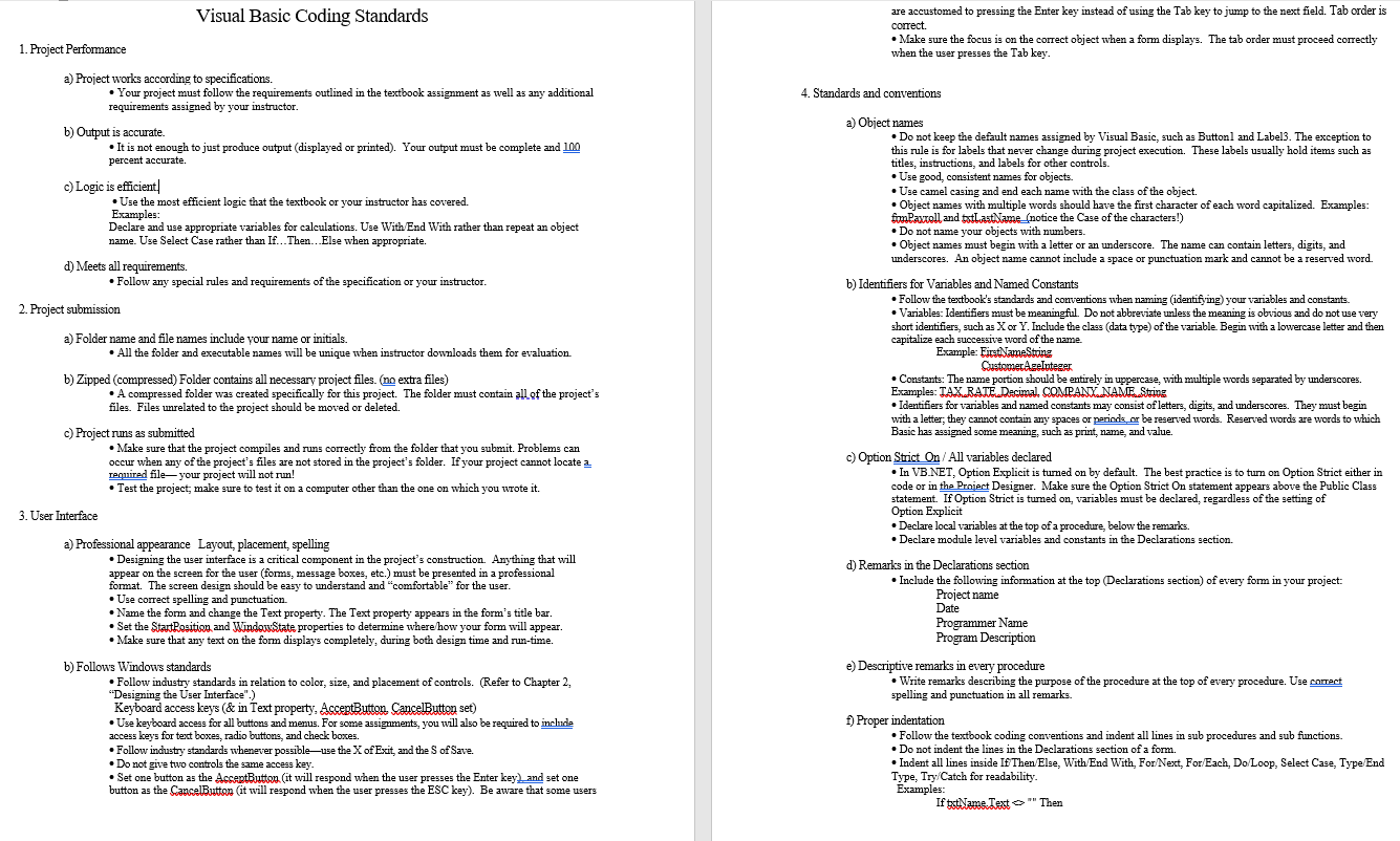 Solved Visual Basic Coding Standards 1 Project Performance
