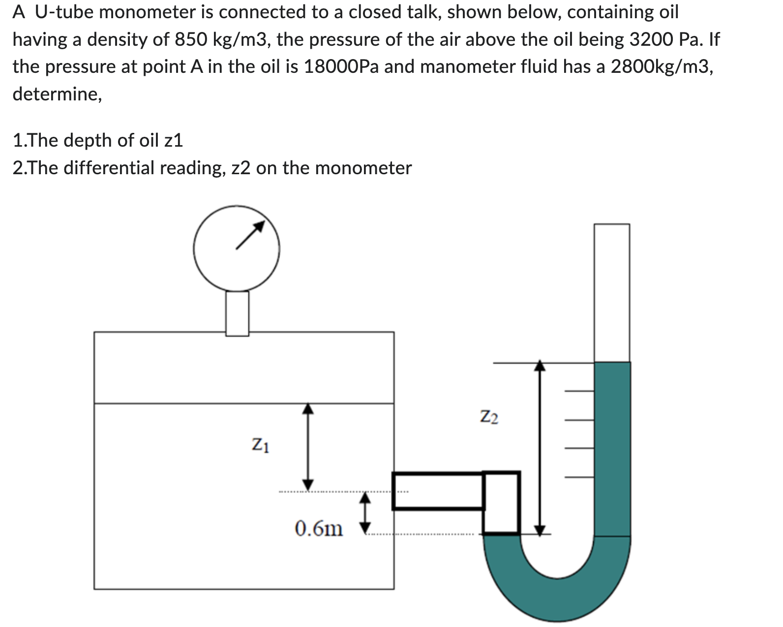 Solved A U-tube monometer is connected to a closed talk, | Chegg.com