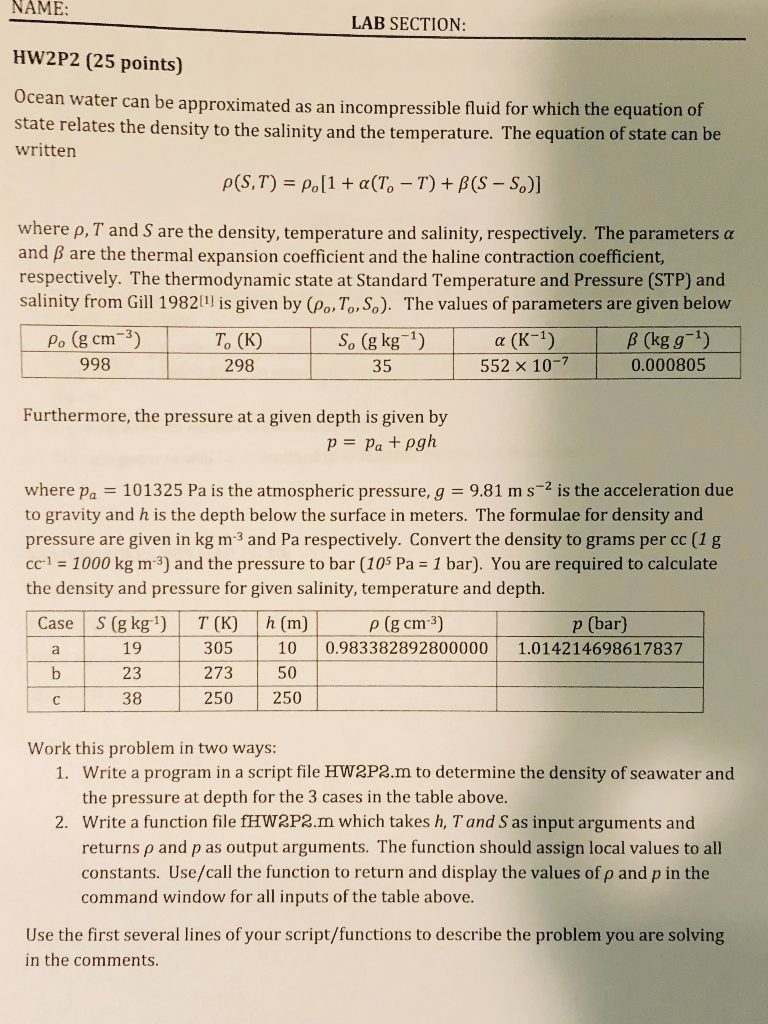 Solved NAME: LAB SECTION: HW2P2 (25 points) Ocean water can | Chegg.com